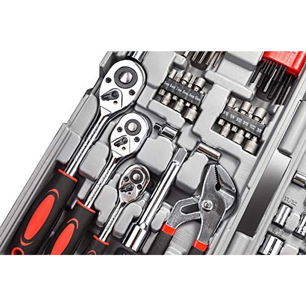CARTMAN 205 Piece Tool Set Ratchet Wrench with Sockets Kit in Plastic Toolbox Red