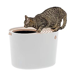 IRIS USA Large Stylish Round Top Entry Cat Litter Box with Scoop, Curved Kitty Litter Pan with Litter Particle Catching Grooved Cover and Privacy Walls, White/Beige