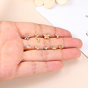 Drperfect Cartilage Earring Stud 16G Stainless Steel Internally Threaded CZ Flower Heart Bee Butterfly Snake Helix Tragus Conch Labret Monroe Medusa Lip Piercing Jewelry