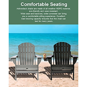 Withniture Folding Adirondack Chairs Set of 2, HDPE Adirondack Chair Wood Texture Plastic Adirondack Chairs with Cup Holder, Weather Resistant Fire Pit Chairs for Backyard Deck