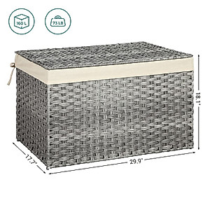 SONGMICS Storage Basket with Lid, Rattan-Style Storage Trunk with Cotton Liner and Handles, for Bedroom Closet Laundry Room, 29.9 x 17.1 x 18.1 Inches, Gray URST76WG