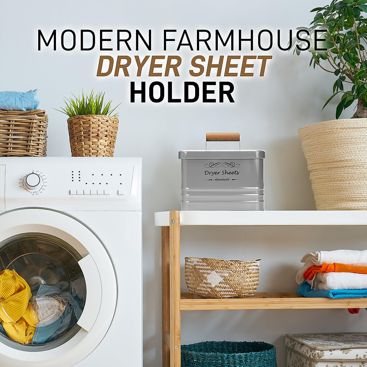 ELITAPRO Dryer Sheets Holder for Laundry Room - Farmhouse Dryer Sheet Box with Lid - Laundry Room Decor & Accessories - Metal Dryer Sheet Container for Laundry Room Organization & Storage (Khaki)