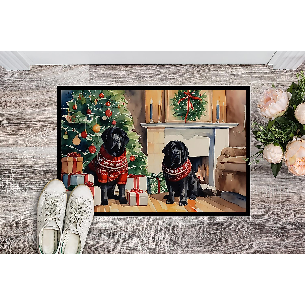 Caroline's Treasures DAC2756JMAT Tibetan Mastiff Cozy Christmas Doormat Front Door Mat Indoor Outdoor Rugs for Entryway, Non Slip Washable Low Pile, 24H X 36W