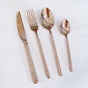 Silverware Set Flatware Rose Gold Hammered Cutlery Utensil Food-Grade Stainless Steel，Home Restaurant Small Business,Mirror Finish Tableware 24 Piece Service for 6