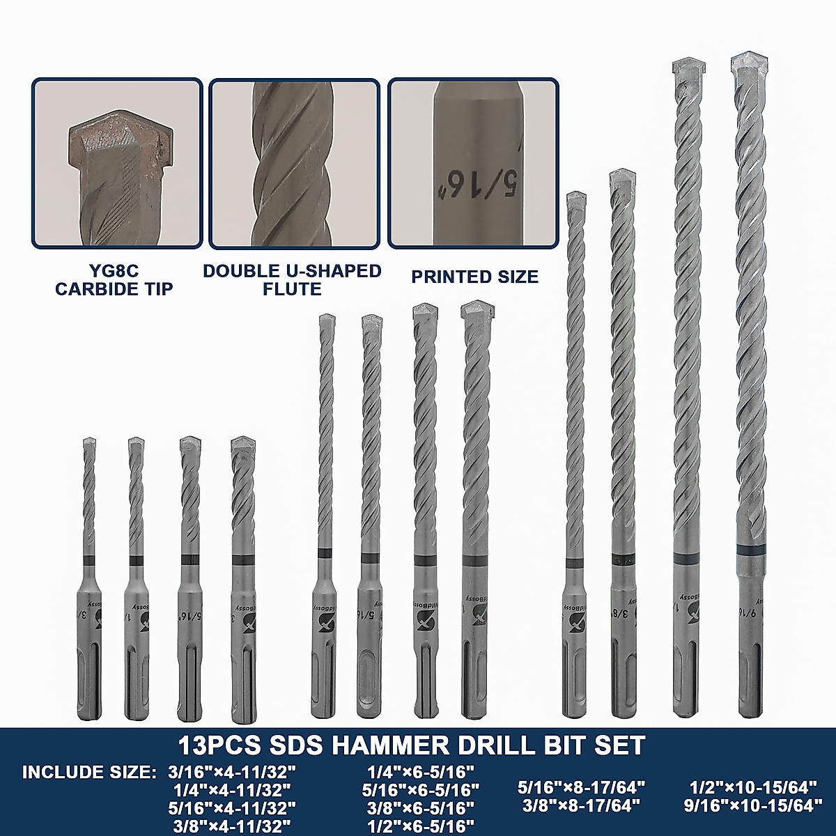 Rotary Hammer Drill Bits Set & Chisels- SDS Plus 17PCS Concrete Masonry Hole Tool with Storage Case for Concrete, Stone, Brick