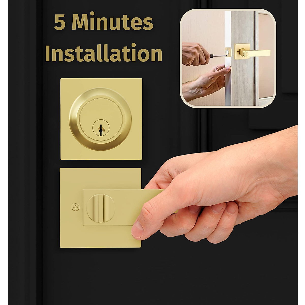 Mega Handles Entry Combo I Entry Lever Door Handle and Single Cylinder Deadbolt Lock and Key Combo Pack - Heavy Duty Square Locking Lever Set for Left or Right-Handed Doors - Satin Brass