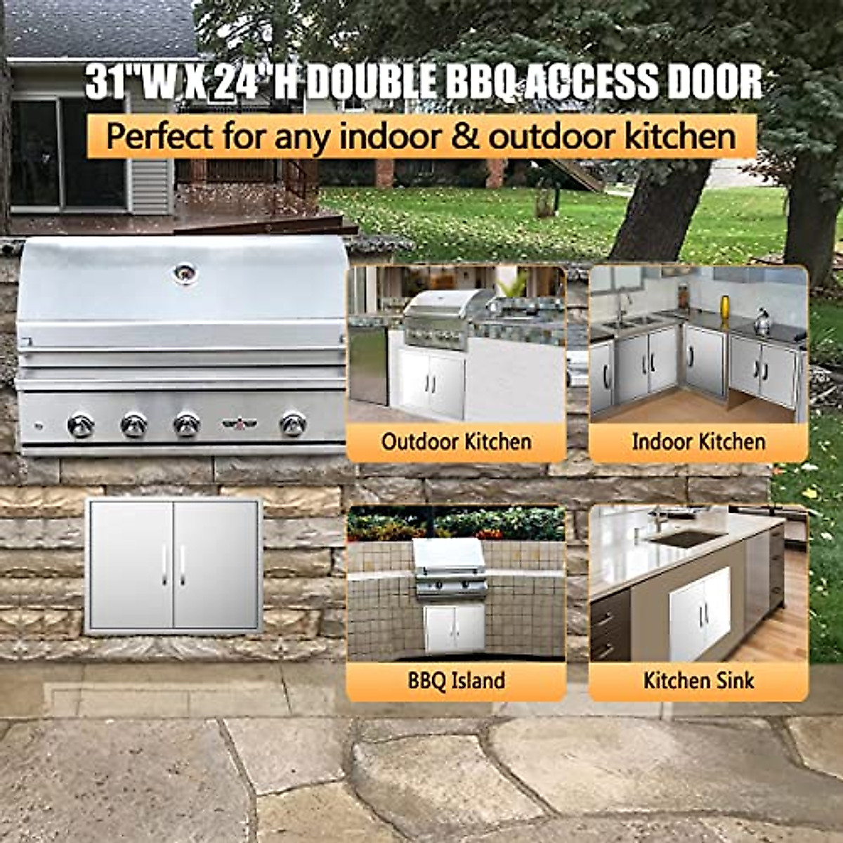 KODOM Outdoor Kitchen Doors 31''W X 24''H,Flush Mount Stainless Steel BBQ Access Doors, Double Grill Access Door for Outdoor Kitchen Cabinets and BBQ Island