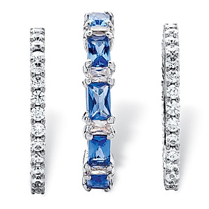 PalmBeach Platinum-plated Emerald Cut Simulated Blue Sapphire and Baguette Cubic Zirconia 3 Piece Set Bridal Eternity Ring Sizes 6-10 Size 10