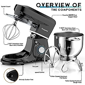 Vospeed Stand Mixer, 7 QT 660W 6+P Speed Tilt-Head Kitchen Mixer, with Stainless Steel Mixing Bowl, Beater, Dough Hook, Whisk, for Household (Black)