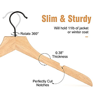 TOPIA HANGER Rubber Wood Hangers, Wooden Clothes Hangers with Rotatable Black Hook and Smooth Cut Nothces, Set of 12 Durable and Slim Hangers for Coats, Suits, Jackets, Sweaters, Dresses - CTS01N