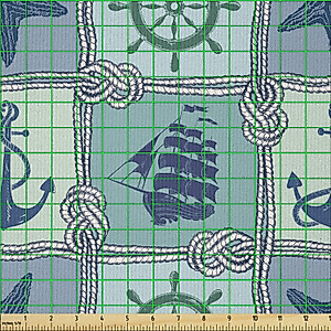 Lunarable Ship Fabric by The Yard, Nautical Themed Art Marine Starfish Wheel Anchor and Vessel Sailor's Knot, Microfiber Fabric for Arts and Crafts Textiles & Decor, 1 Yard, Teal Blue