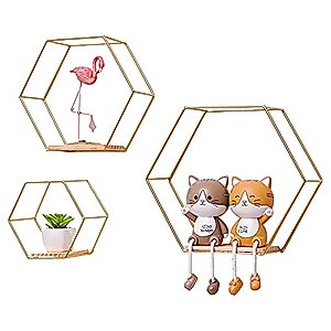 Morobor Wall Mounted Floating Hexagon Shelves,3pcs Different Sizes Metal Framed Gold Shelves with Wooden Floor for Wall Storage & Display in Modern Chic Style