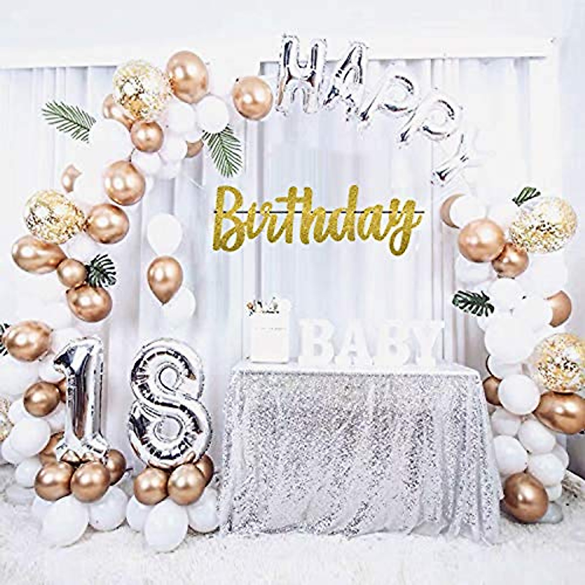 50 Pcs Balloons Set for Parties, Gold Confetti, White and Gold Chrome Pearl Balloon Party Decorations, Baby Shower Décor, Pack of 50 Thick Balloons, Gold Curling Ribbon, Natural Latex
