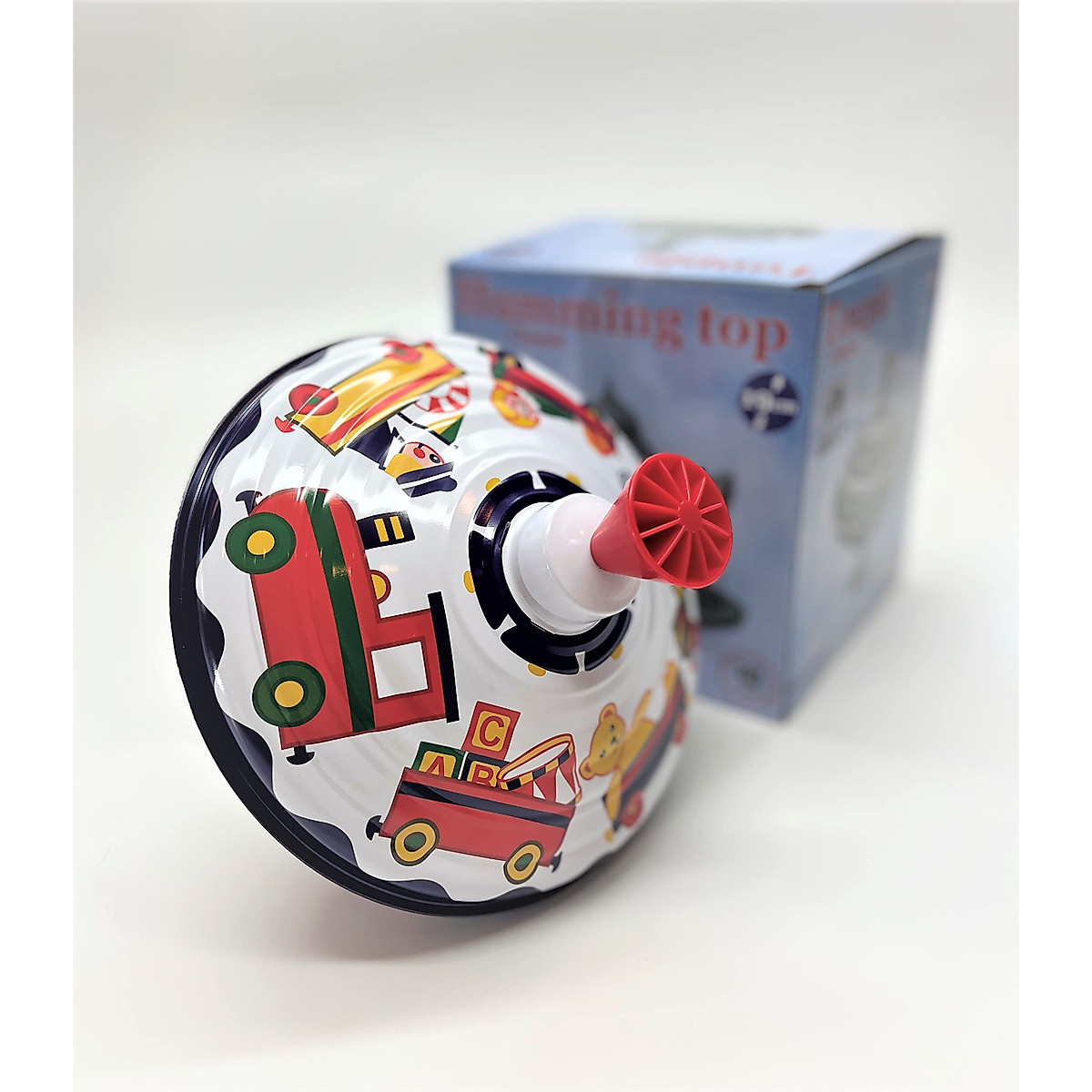 Classic Music Box Spinning Tin Top Toy from KsmToys by Bolz. The Funny Buzzing Hum Gets Louder As The Top Spins Faster, 7.5" x 7.5" x 7.5" Ages 18 m+