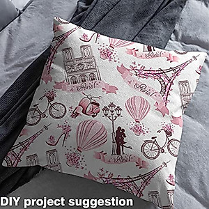 Paris Upholstery Fabric by The Yard France Eiffel Tower Decorative Fabric Pink Butterfly Tower Waterproof Fabric Romance Couple Travel Theme Indoor Outdoor Fabric, 1 Yard, Pink White