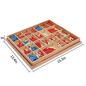 JE JOUE Montessori Letter Work Learning Materials Wooden Small moveable Alphabet Language Objects with Box (Red & Blue)