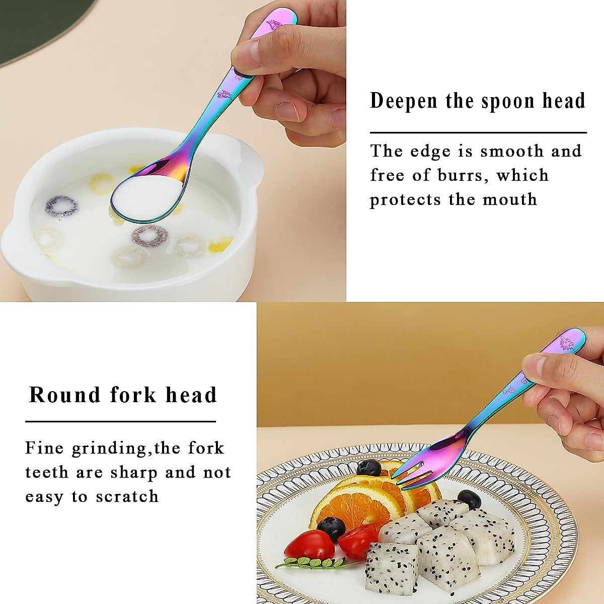 Evanda Rainbow Toddler Utensils, Rainbow Titanium Coated 6 Pieces Stainless Steel Toddler silverware set, Kids Utensils Forks and Spoons, Mirror Polished Smooth Round Tableware and Dishwasher Safe