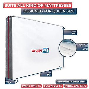 Wrappybag® – Protective Plastic Mattress Bag — Queen Size — Waterproof, Anti-Tear Storage Bag — for House Moves, Storage and Transport