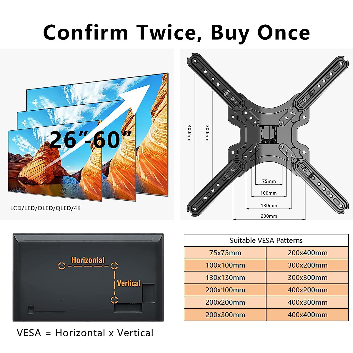 Nuyoah Full Motion TV Wall Mount for Most 26-55 Inches LED OLED 4K TVs, TV Brackets for Wall Mount Swivel Tilts Extension with Perfect Center Design, Articulating Mount Max VESA 400x400mm Up to 77lbs