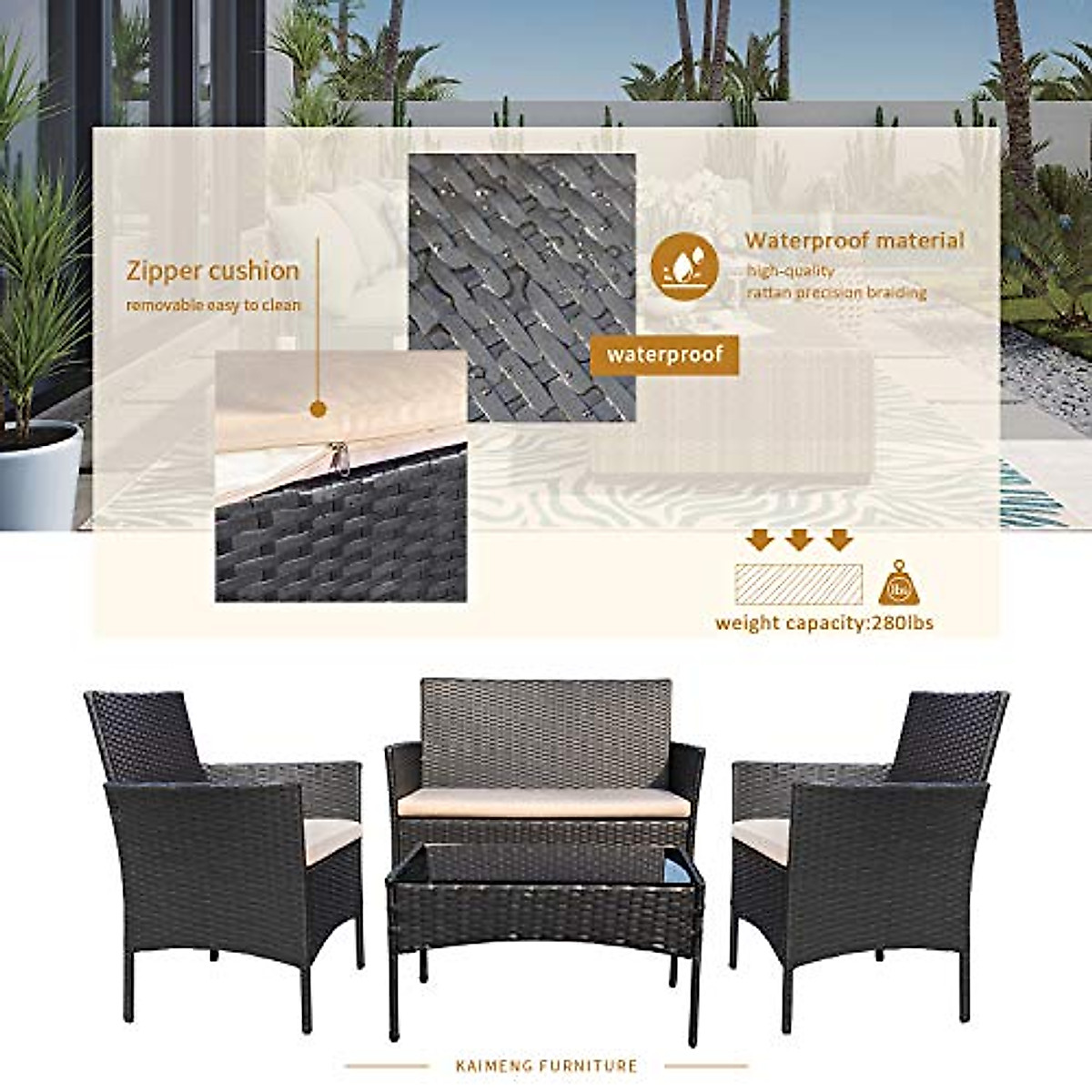 KaiMeng Patio Outdoor 4 Pieces Indoor Use Conversation Sets Rattan Wicker Chair with Table Backyard Lawn Porch Garden Poolside Balcony Furniture, Black