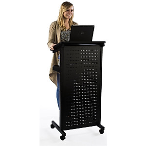Displays2go Mobile Podium, 46.5 x 23 Inches, Locking Wheels, Shelf Included, Black Steel, MDF Wood (LCTMOBMETB)