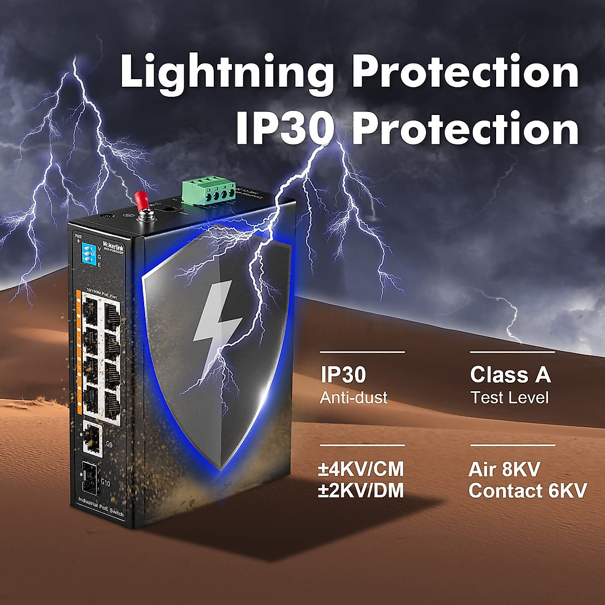 MokerLink 10 Port PoE Industrial Din Rail Switch, 8 Ports PoE+ 100Mbps IEEE802.3af/at, 1 Gigabit Ethernet and 1 SFP Uplink, Vlan & Extend Mode, DIN-Rail & Wall Mount