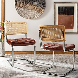 LEMBERI Mid-Century Modern Dining Chairs Set of 2, Upholstered Tufted Faux Leather Accent Chairs Rattan Dining Chair Armless Mesh Back with Metal Chrome Legs, Brown