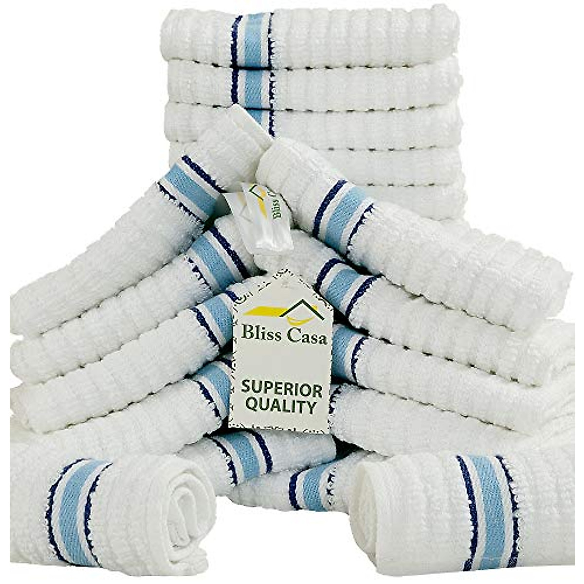 Bliss Casa White Washcloths Set (12 x 12 Inch, 48 Pack) – 100% Cotton Washcloths for Face, Highly Absorbent Soft Face Towels, and Quick Drying Fingertip Towels for Daily Use (Blue)