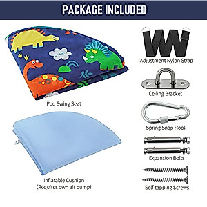 GARIG Pod Swing for Kids, Hanging Pod Swing Seat with Inflatable Pillow, Cartoon Pattern Kids Swing Chair for Indoor and Outdoor, Max Weight 170lbs (Dinosaur)