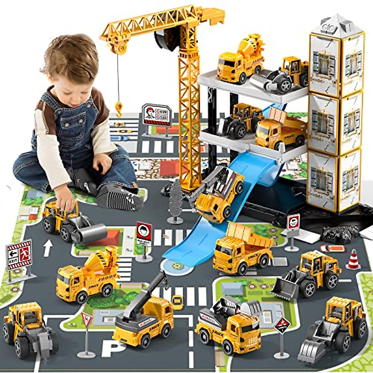 TEMI Construction Vehicles Toy for Boys, 60PCS Kids Engineering Trucks Vehicle w/Tractor, Crane, Dump, Excavator and Map, Birthday Gift Toys for 3 4 5 6 7 Year Old Boys Children Toddlers