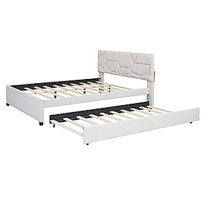 DNYN Queen Size Upholstered Platform Bed with Trundle（Twin XL） for Kids,Teen,Adult Bedroom,Solid Wood Bedframe Linen Fabric Home Furniute w/Brick Pattern Heardboard,No Box Spring Needed, Beige