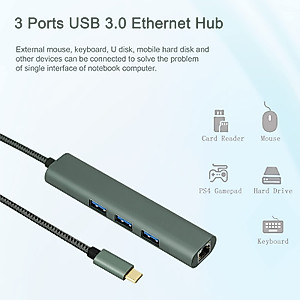 USB C to Ethernet Adapter, 4-in-1 USB-C to USB 3.0 Hub with Gigabit Ethernet Adapter for MacBook Pro/Air, iPad Pro, iMac, XPS, Surface Pro, Notebook Laptop UC164 Dell XPS and More(Gray)