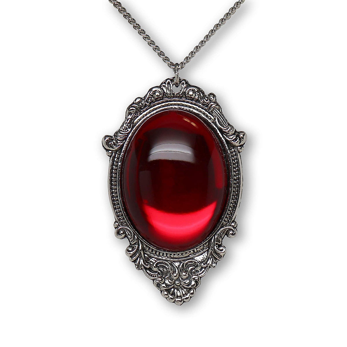 Blood Red Cabochon in Silver Finish Pewter Frame Pendant Necklace
