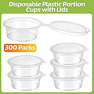 Didaey 300 Pcs 2 oz Plastic Dressing Containers Clear Portion Cups Small Condiment Containers with Lids Hinged Airtight Souffle Cups Disposable Sauce Cups with Lids for Food, Salad Storage