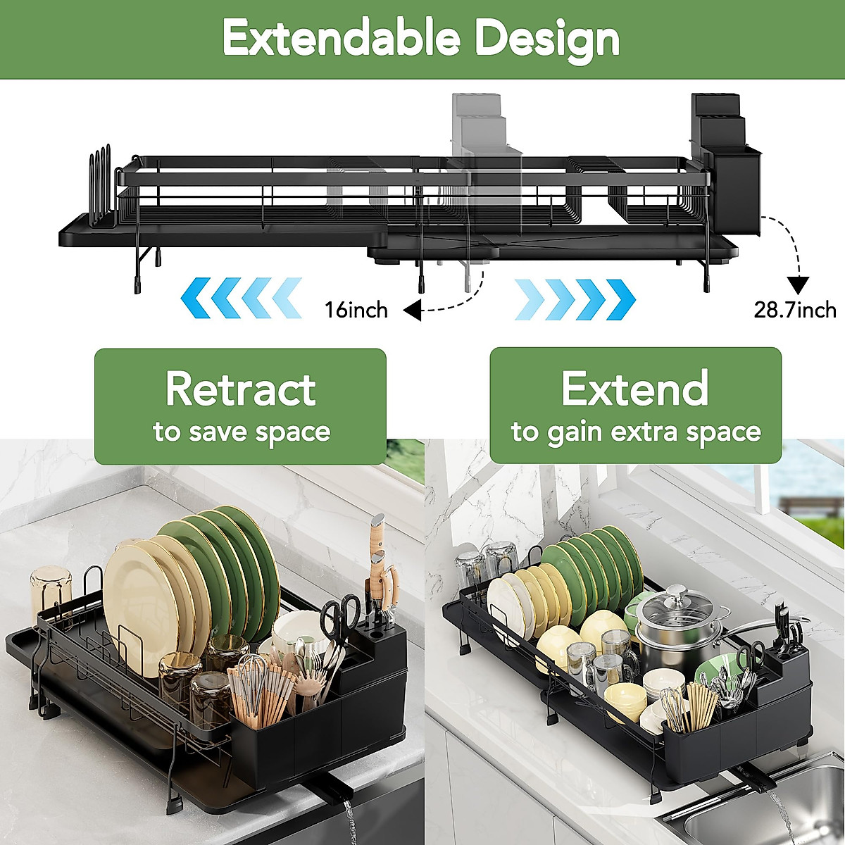 ROTTOGOON Expandable Dish Drying Rack,Multifunctional Adjustable Dish Drainer with 360° Swivel Spout and Anti-Rust Dish Rack with Removable Cutlery & Cup Holders for Kitchen Counter,Black