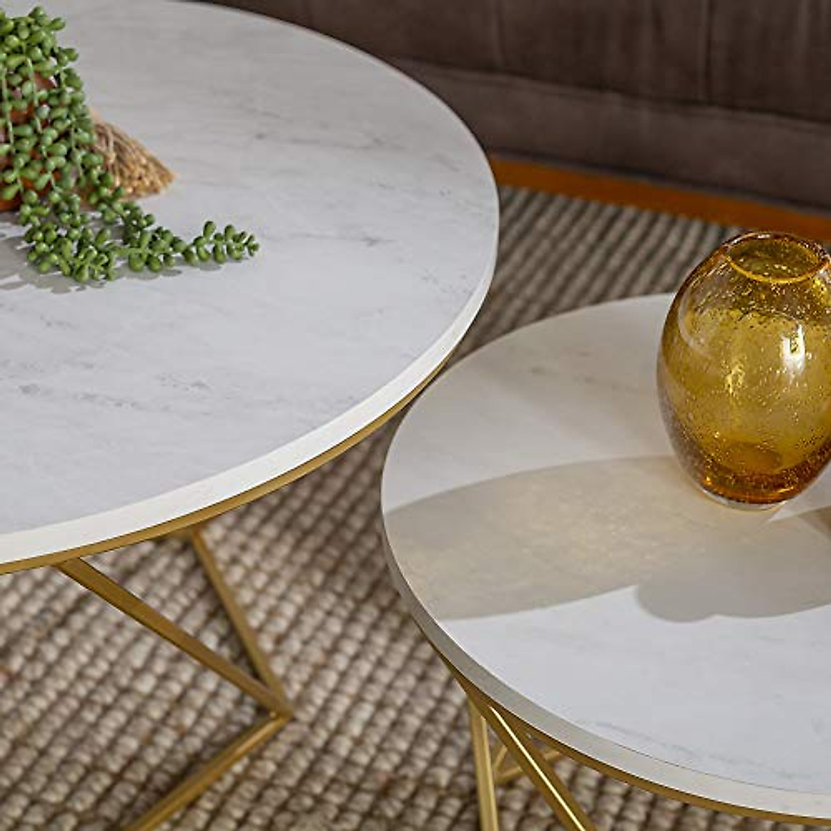 Walker Edison Modern Round Nesting Coffee Table Living Room Accent Ottoman Storage Shelf, Set Of 2, Marble and Gold