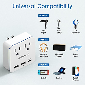 Cruise Power Strip, Elexlinco Surge Protector 5 Outlet Extender with Apple PD 20W, 2 AC Outlets and 2 USB-A Ports Multi Plug Outlets, Ultra Slim Power Strip Surge Protector, Cruise Essentials