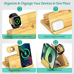 4 in 1 Bamboo Nightstand Wireless Charging Station,Can be Used as a Cell Phone Holder Wooden Desktop Organizer for AirPods, iWatch, Cell Phones, Tablets, Gifts (with Adapter)