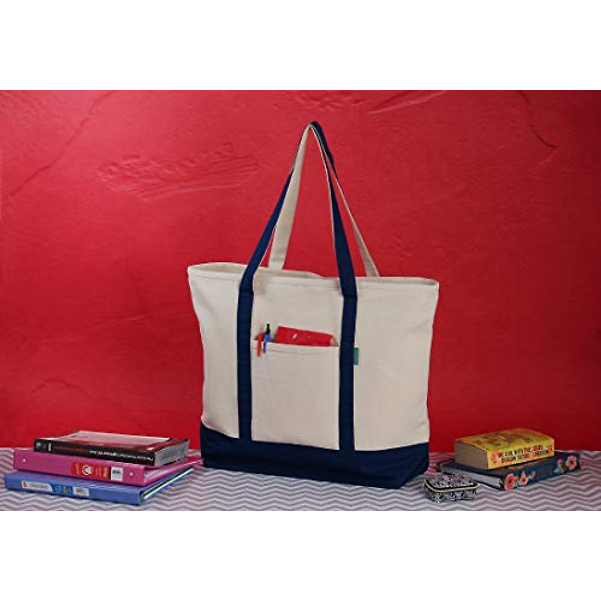 Heavy Duty Cotton Canvas Reusable Tote Bag with with an External Pocket and Top Zipper Closure