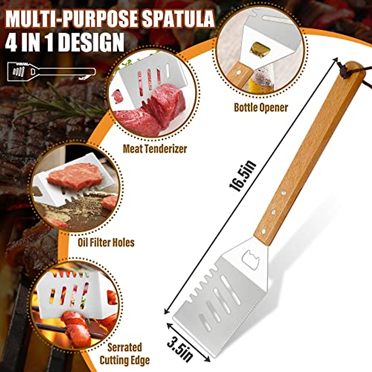 Joyfair 16Pcs BBQ Grill Accessories Set, Outdoor Barbecue Grilling Tool Kit for Camping Backyard, Including Spatula Turner Fork Knife Cleaning Brush Portable Bag, Heavy Duty & Long Handle