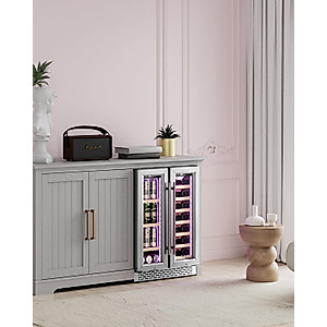 Plotanis 24 Inch Wine Fridge Dual Zone 20 Bottles 60 Cans Wine Refrigerator Built-in or Freestanding Wine Beverage Cooler with Glass Door, 3-Color Light, Safety Lock
