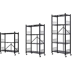 JAQ Foldable Storage Shelves Unit,5-Tier Folding Shelf Rack Organizer Cart with Rolling Wheels for Temporary or Mobile Storage in Garage Kitchen Warehouse Patio Plants Basement ( Black,5-Tier)