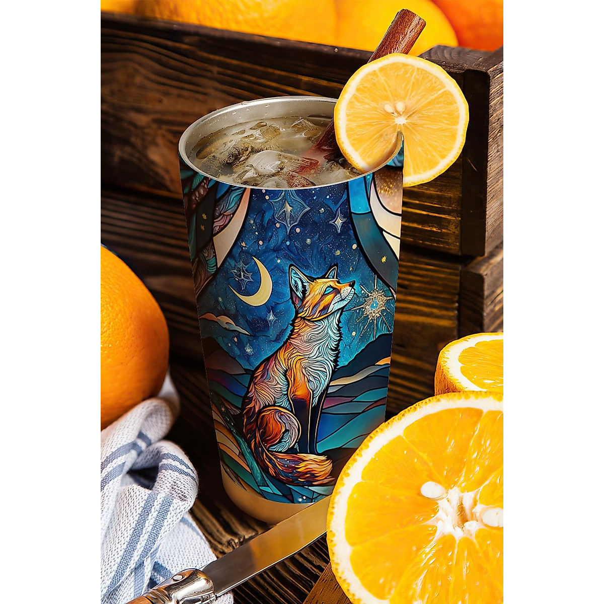 20oz Starry Moonlight Night Fox Tumbler, Gifts for Fox Lovers, Coffee Thermos for Women, Stainless Steel Double Wall Vacuum Insulated Coffee Mug, Travel Cup with Lid