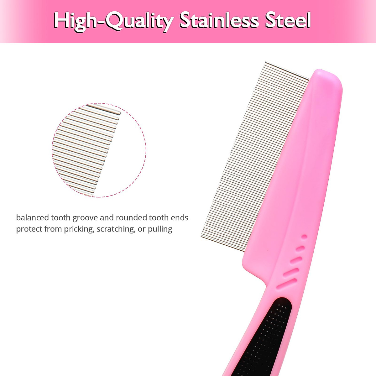 Flea and Lice Comb for Dogs and Cats - Promotes Hair Growth, Removes Loose Hair, Knots, and Flakes - Rubber Handle Brush for Pet Grooming (Pink)