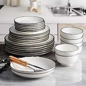 YOLIFE 26 Ounce Cereal Bowls, Ceramic Soup Bowls Set of 6, 6 inch White Salad Bowls for Breakfast, Oatmeal, Rice, Pasta, Dishwasher Microwave Oven Safe(Black Trim)