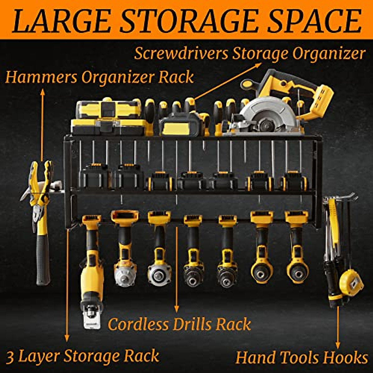 MOOMSINE Power Tool Organizer, Storage Rack for Garage Organization, Wall Mount Cordless Drill Holder and Battery Shelf, Tools Shelves with Charging Station, Heavy Duty Utility Racks - Metal - Large