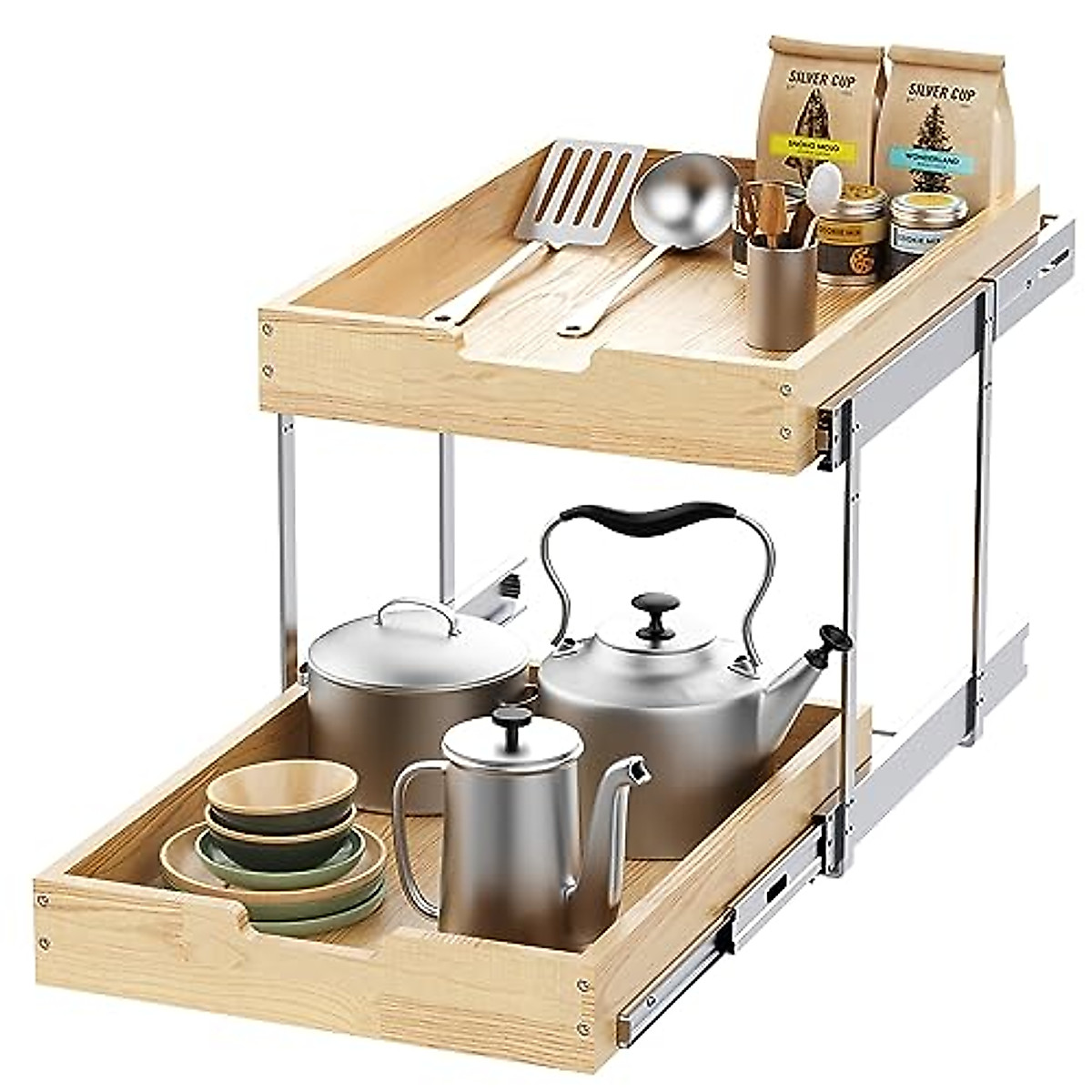 Sikarou Wood Pull Out Cabinet Organizer 2 Tie 26" W x 21" D, Heavy-Duty Sliding Drawers for Inside Cabinets Storage and Organization for Kitchen, Pantry, Bathroom