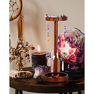 Ceiner Moon Phase Pendulum Display Stand with Tray, Wood Wiccan Rotating Crystal Holder for Up 16 Divination Dowsing Pendulums, Witch Organizer for Necklace Healing Stone Gift Rack