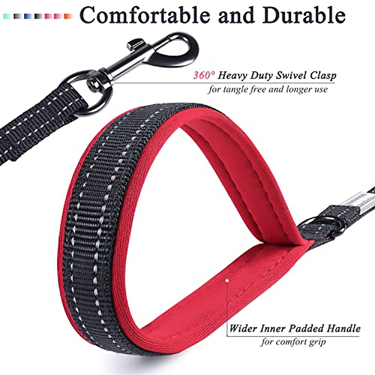 VIVAGLORY Dog Training Leash with 2 Padded Handles, Heavy Duty 6ft Long Reflective Safety Leash Walking Lead for Medium to Large Dogs, Black