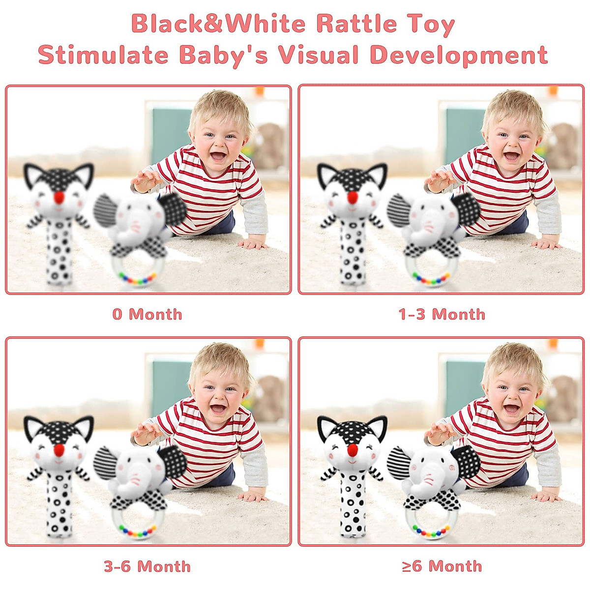 Baby Rattles 0-6 Months Newborn Toys Infant Toys 0-3 Months Rattles for Babies 0-6 Months Baby Toys 0-6 Months, Black and White High Contrast Plush Stuffed Baby Toys for 0 3 6 9 12 Months Girls Boys